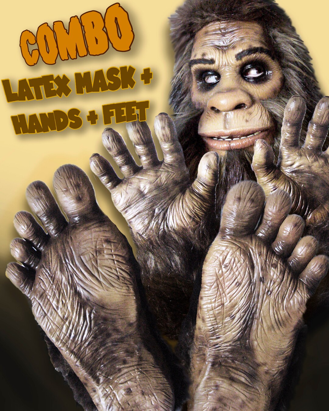 Bigfoot Combo, Latex Mask + Latex Hand Gloves (pair)+ Latex Feet Shoes ...