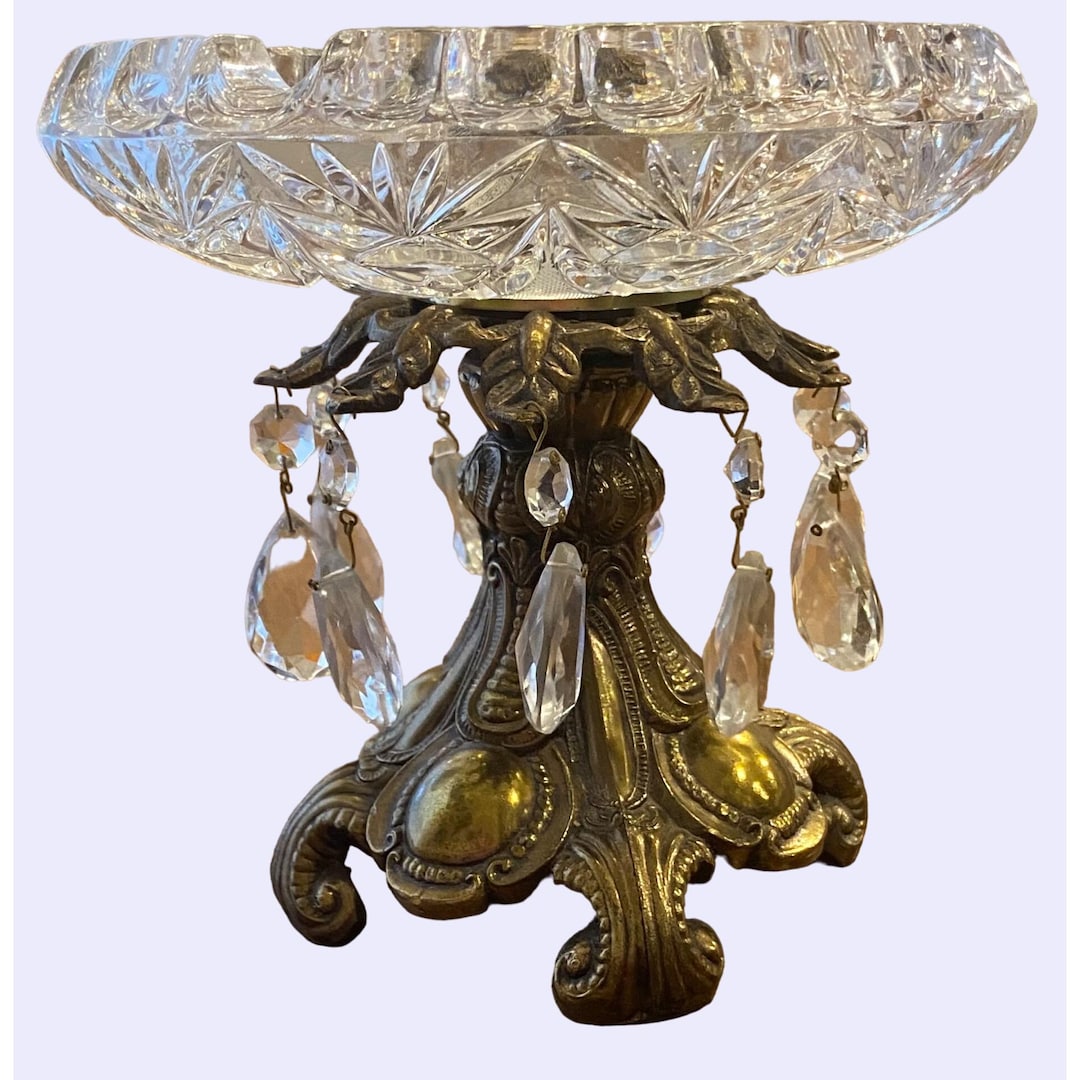Vintage Crystal & Brass Pedestal Compote With Hanging Prisms - Etsy