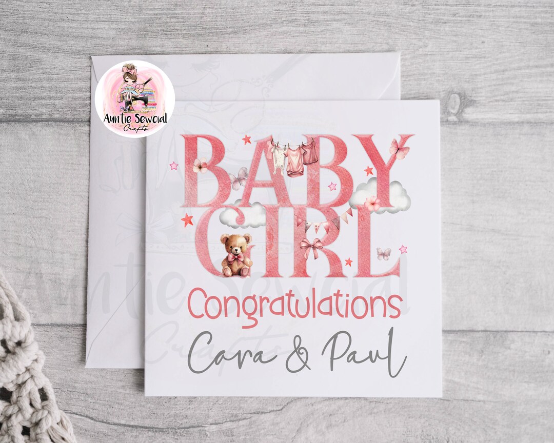 Pink New Baby Girl / Congratulations Card / Personalised Choice of Text ...