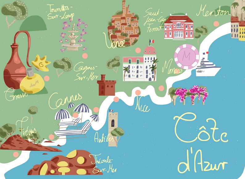 A Map of the French Riviera Digital Download Wall Art, Cote D'azur ...