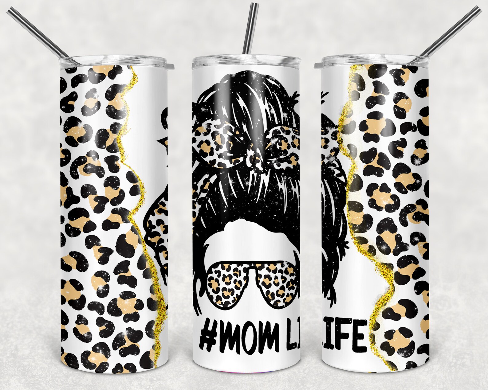 Messy Bun Hot Mess Mom Life Leopard Skinny Tumbler Sublimation Designs