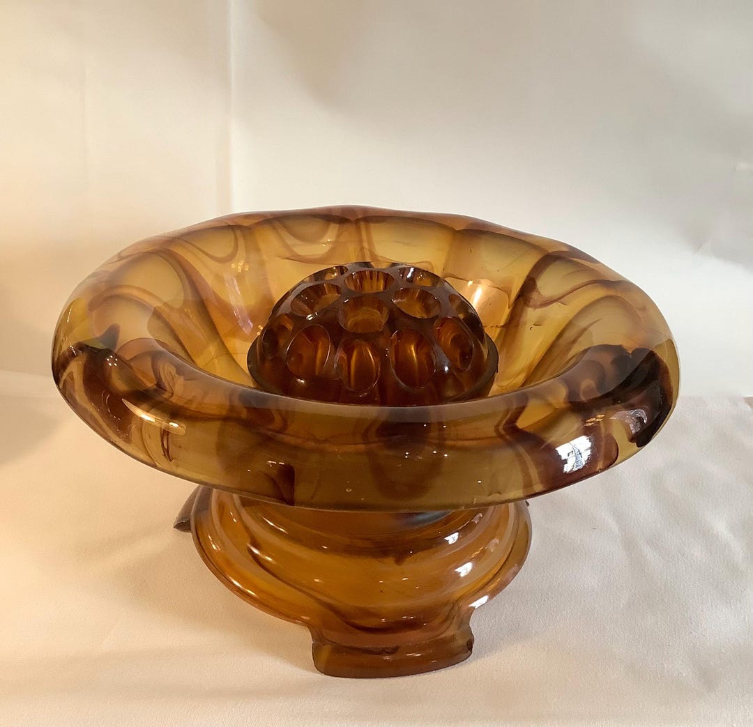 Davidson Cloud Glass Console Bowl With Stand and Flower Frog C.1930 - Etsy