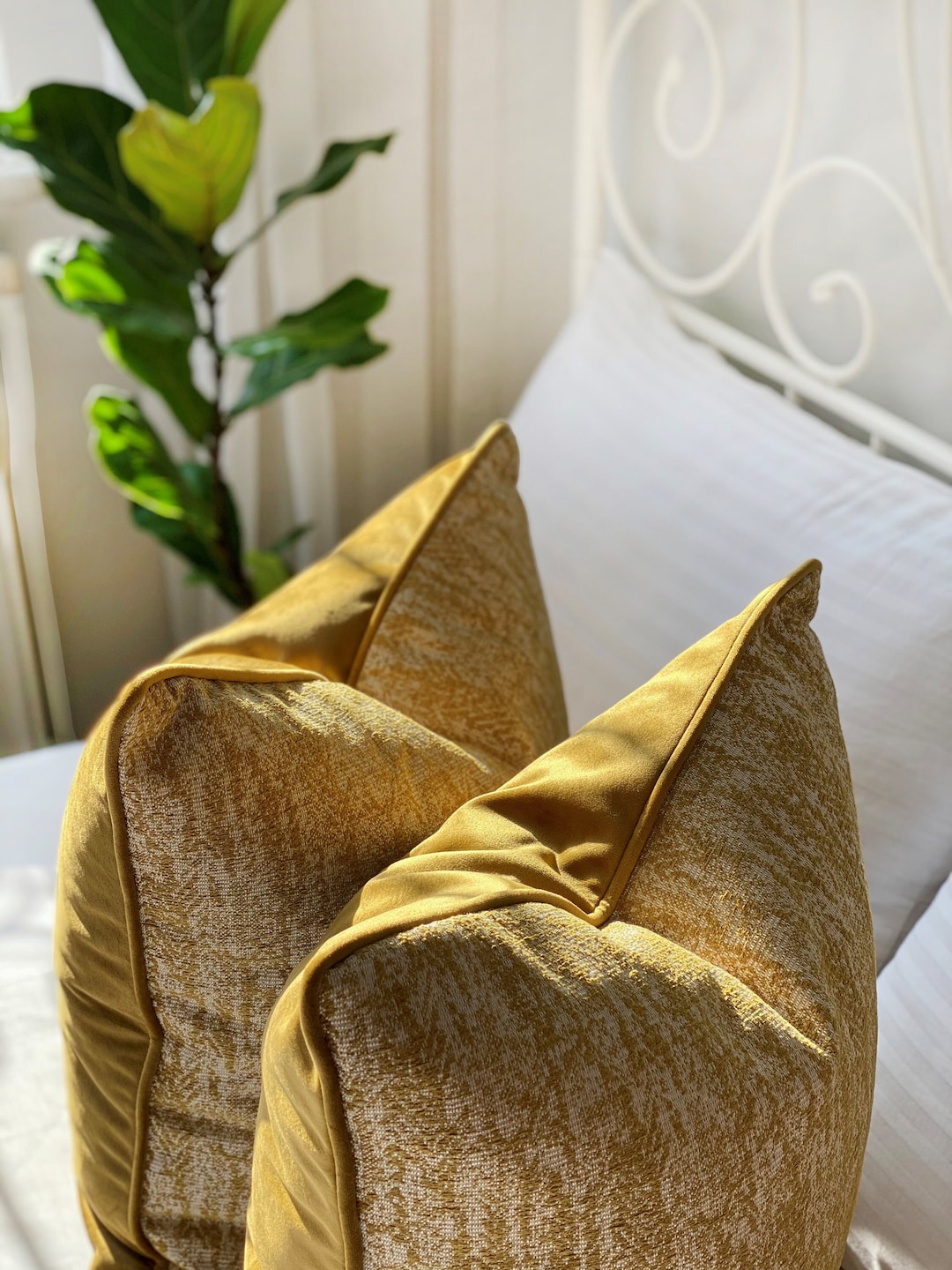 Mustard Yellow Pillow Cover With Piping -cotton Linen & Velvet Combine ...