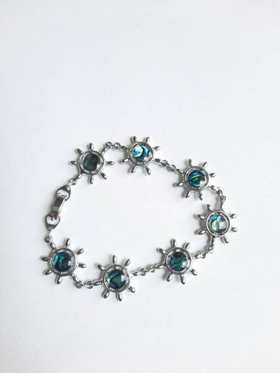 Paua Shell Bracelet, Silver Ship Wheel Jewelry, Blue Nautical Bracelet ...