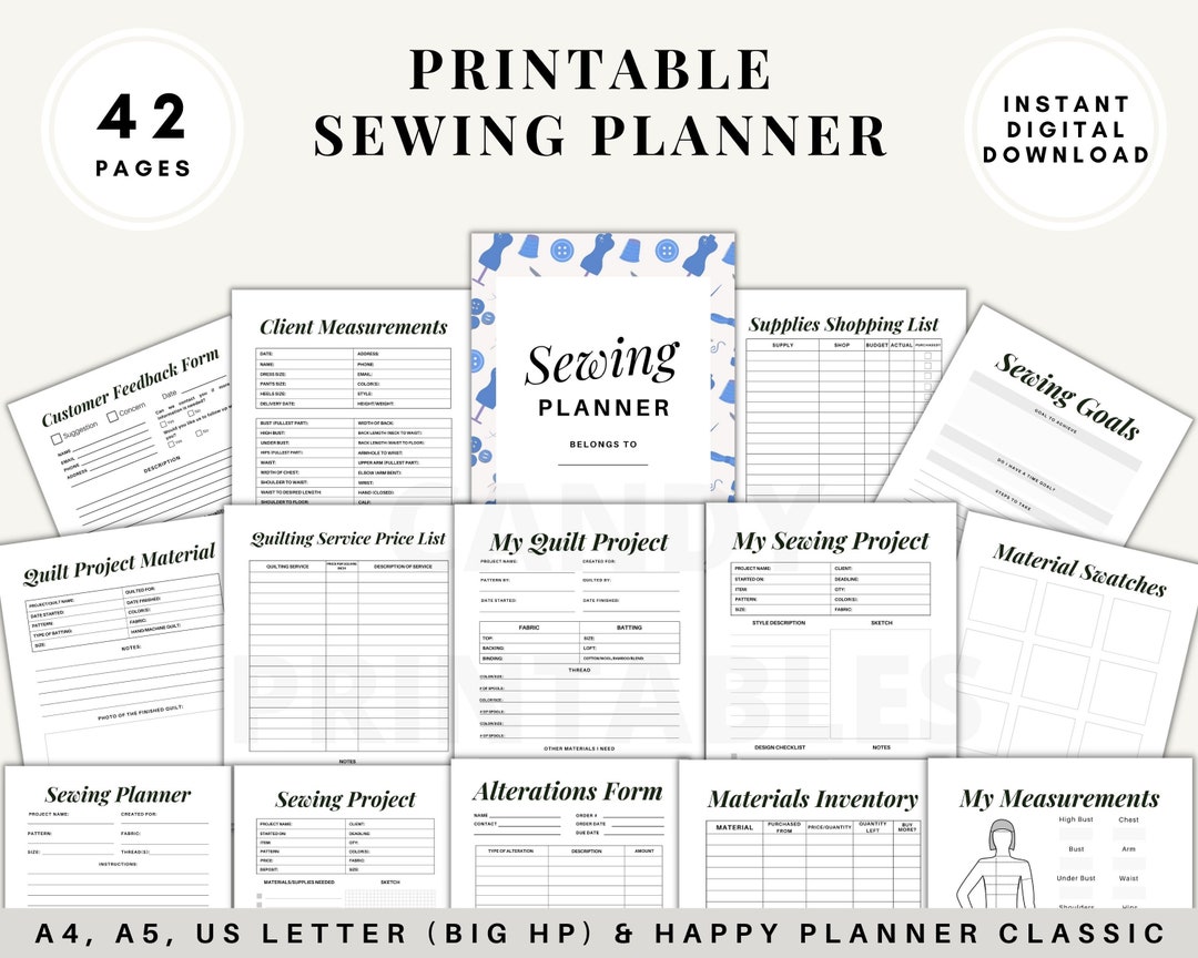 Sewing Planner Printable Project Journal Quilting Organizer Notebook
