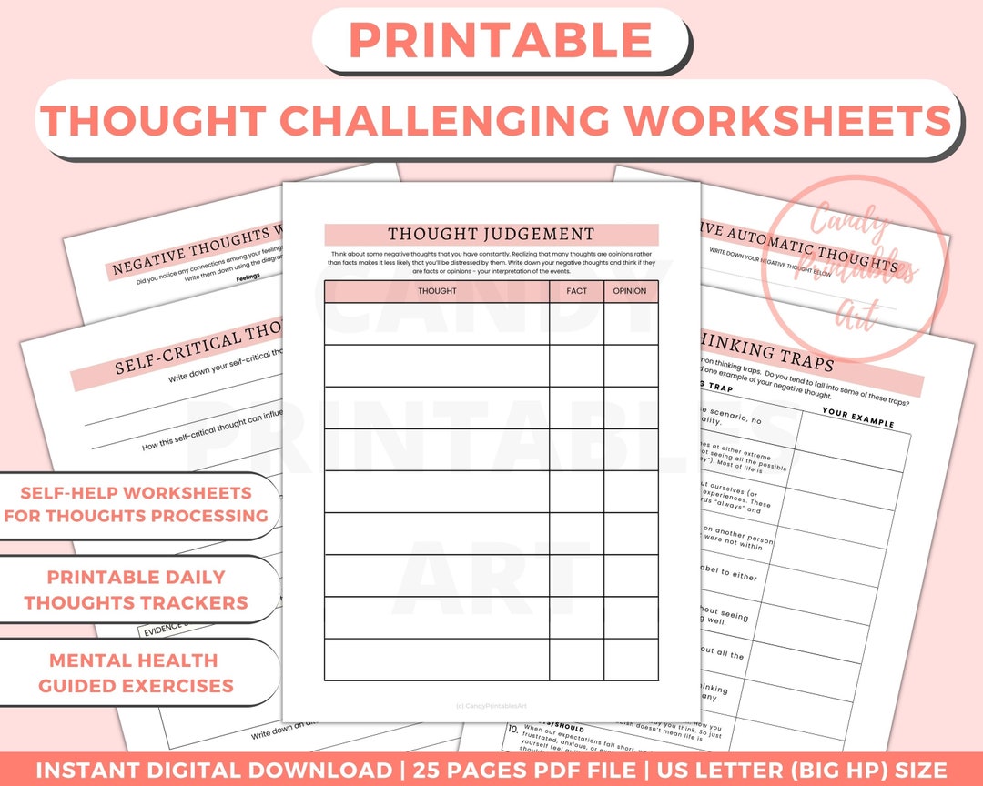 Thought Challenging Worksheet, CBT Thought Record, Thinking Errors ...