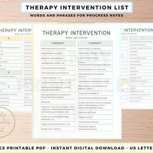 Therapy Intervention List, Progress Notes for Therapist Cheat Sheet ...