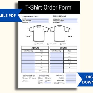Tshirt Order Form for Small Business, Editable Template PDF, Letter and ...