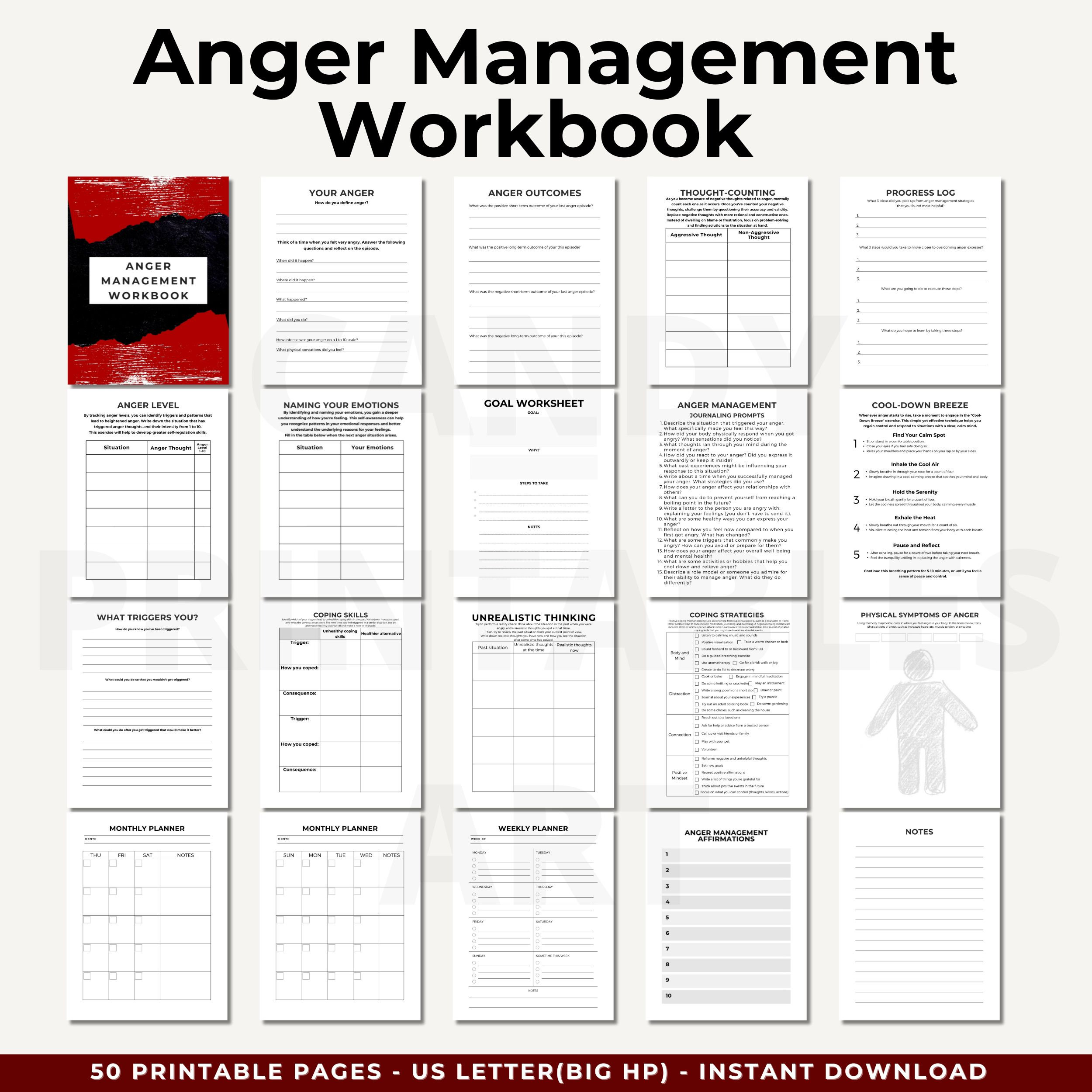 Anger Management Worksheets for Adults, Teens, CBT Anger Workbook ...