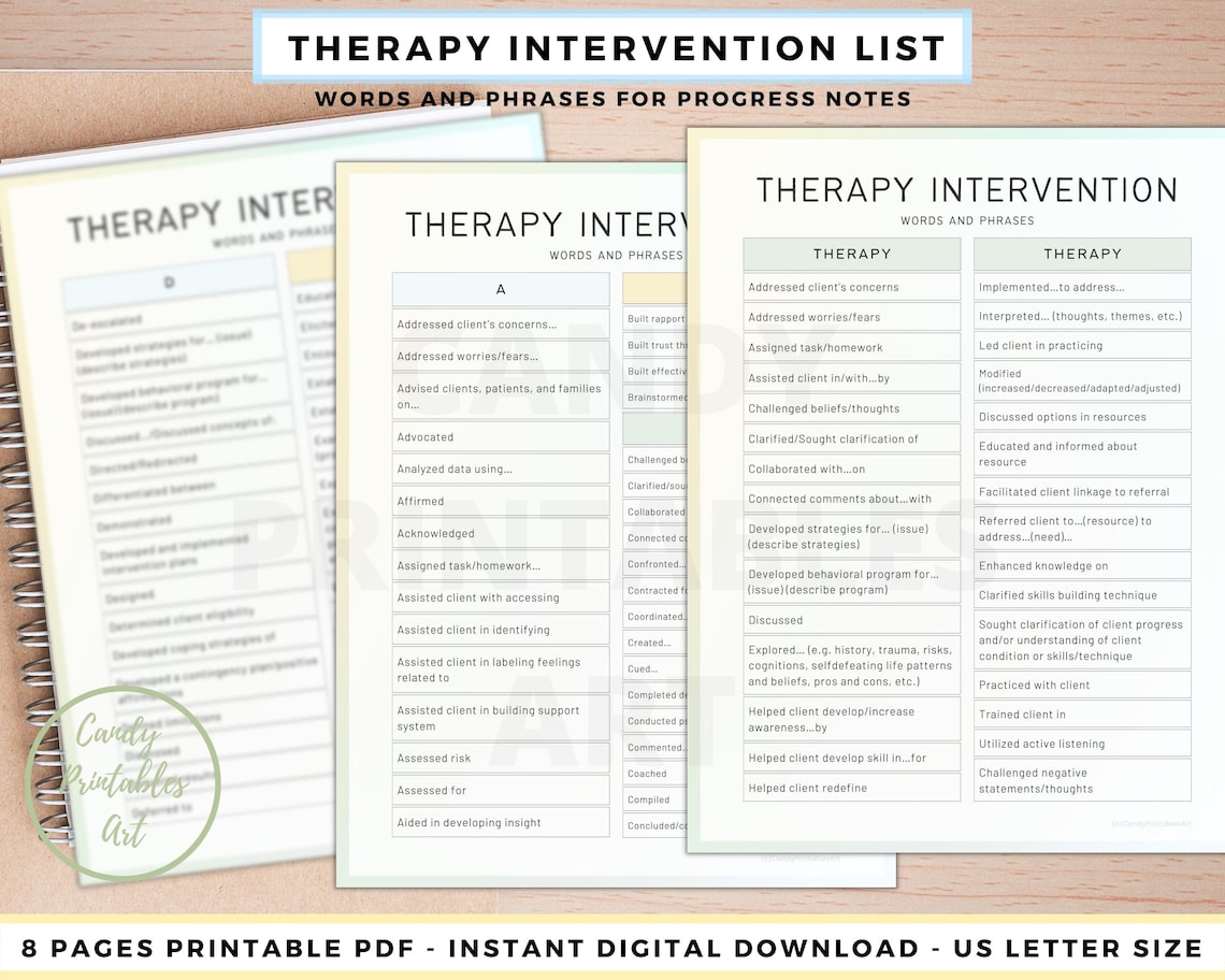 Therapy Intervention List Progress Notes for Therapist Cheat - Etsy