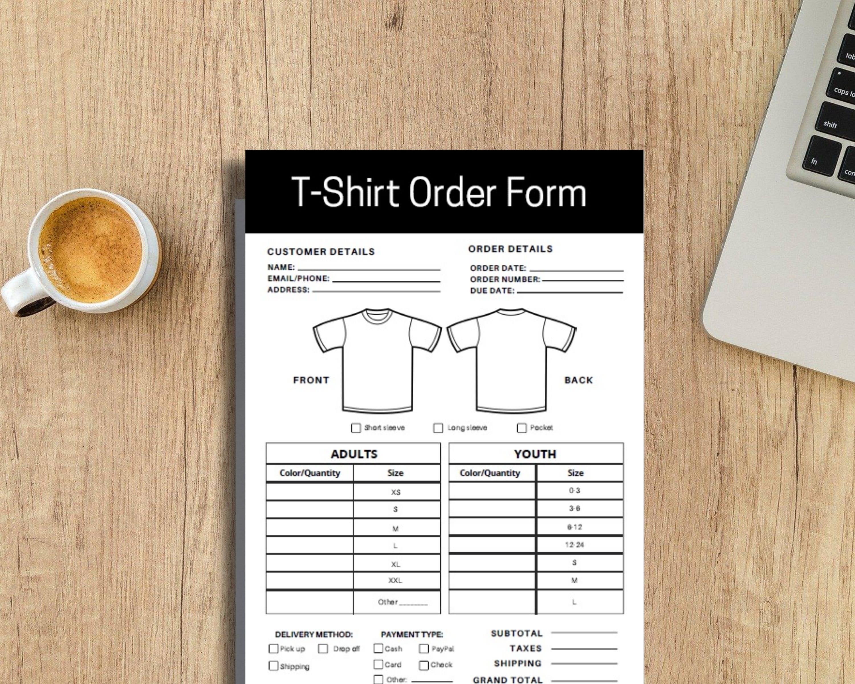 Tshirt Order Form for Small Business, Editable Template PDF, Letter and ...