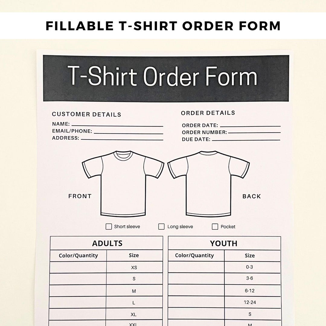 Tshirt Order Form for Small Business, Editable Template PDF, Letter and ...