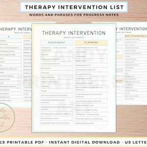 Therapy Intervention List, Progress Notes for Therapist Cheat Sheet ...