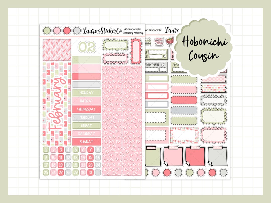 February Monthly Sticker Kit | Hobonichi Cousin Sticker Kit | A5 ...