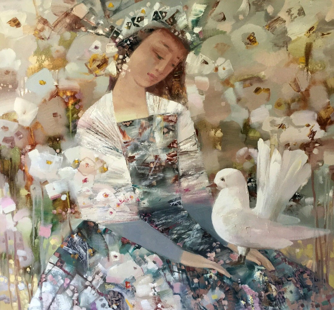 Surrealist Art Woman With Birds Painting Oil on Canvas Signed ...