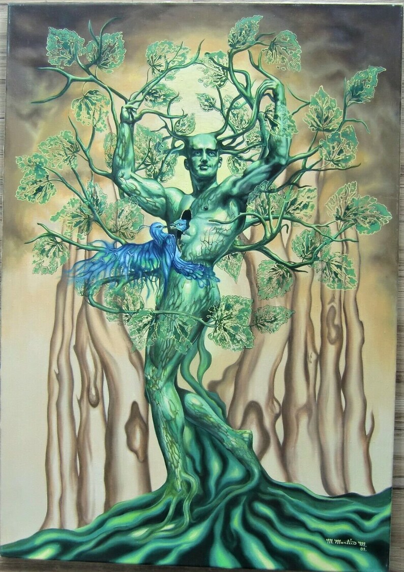 Surrealist Art the Tree Painting Oil on Canvas. Signed and Inscribed on the Back. 70 X 100 Cm on ...