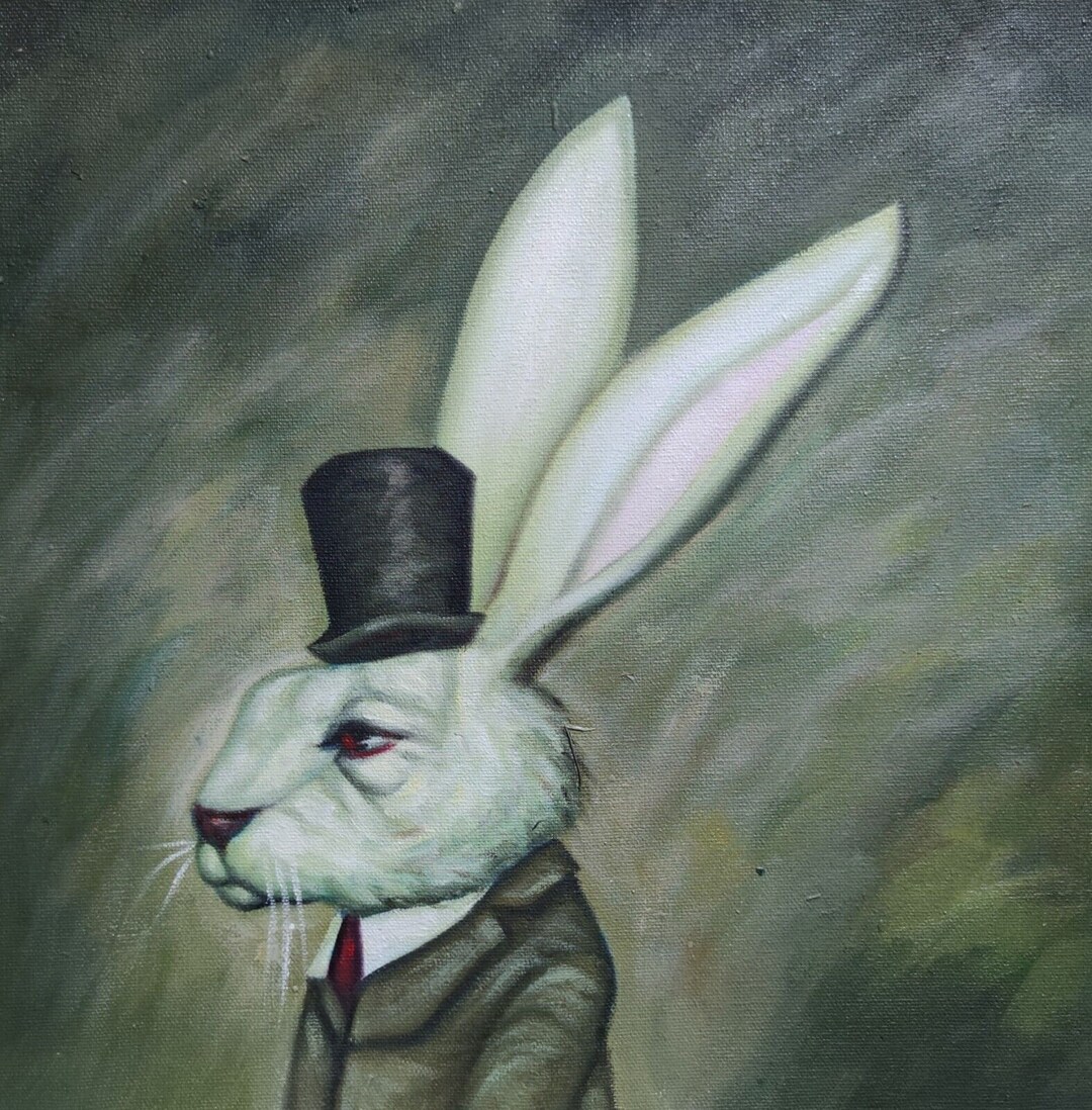 The White Rabbit Surrealist Art Scene Painting Oil on Canvas Signed ...