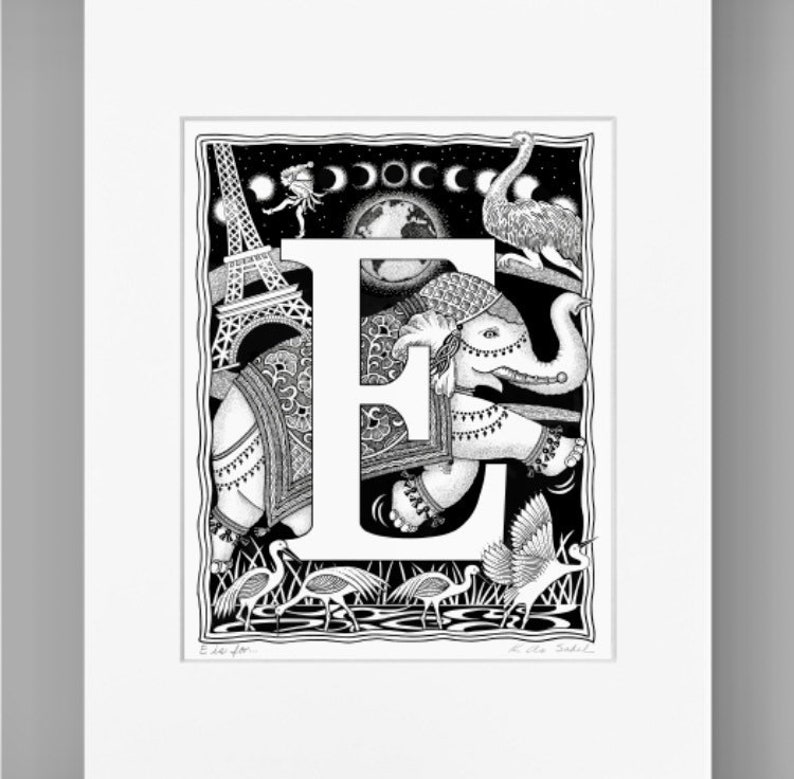 Letter E Art initial Monogram is Foreclipse Emu - Etsy