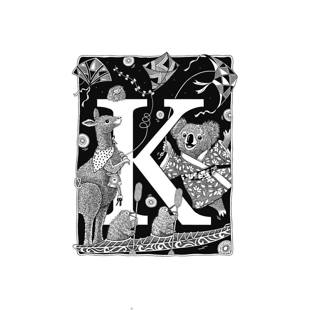 Letter K Art (initial, Monogram) is For...kimono, Koala, Kiwis, Kites ...