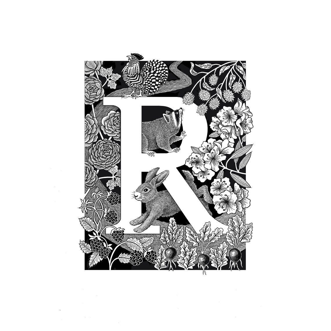 Letter R Art (initial, Monogram) is For...rooster, Raspberries ...