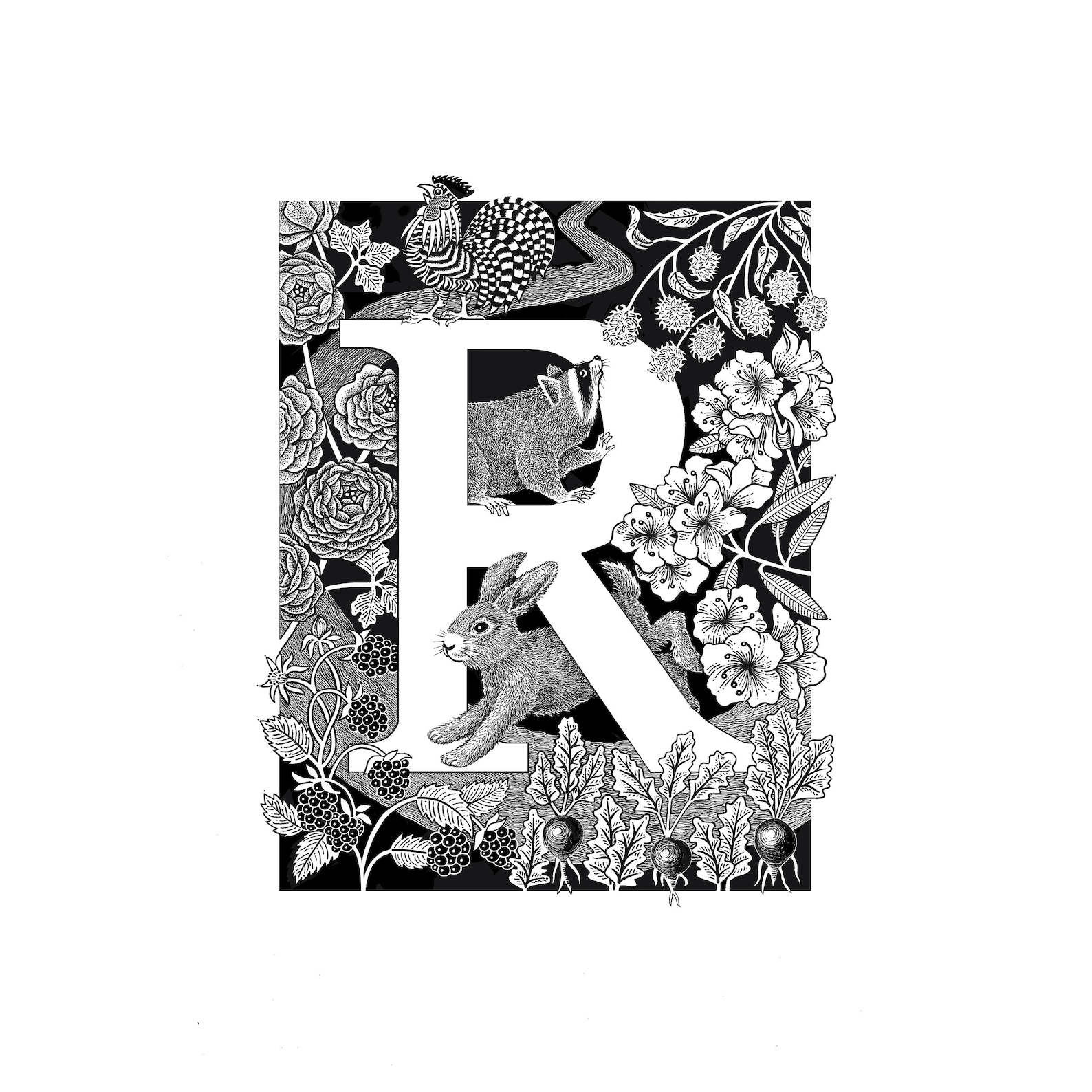 Letter R Art (initial, Monogram) is For...rooster, Raspberries ...