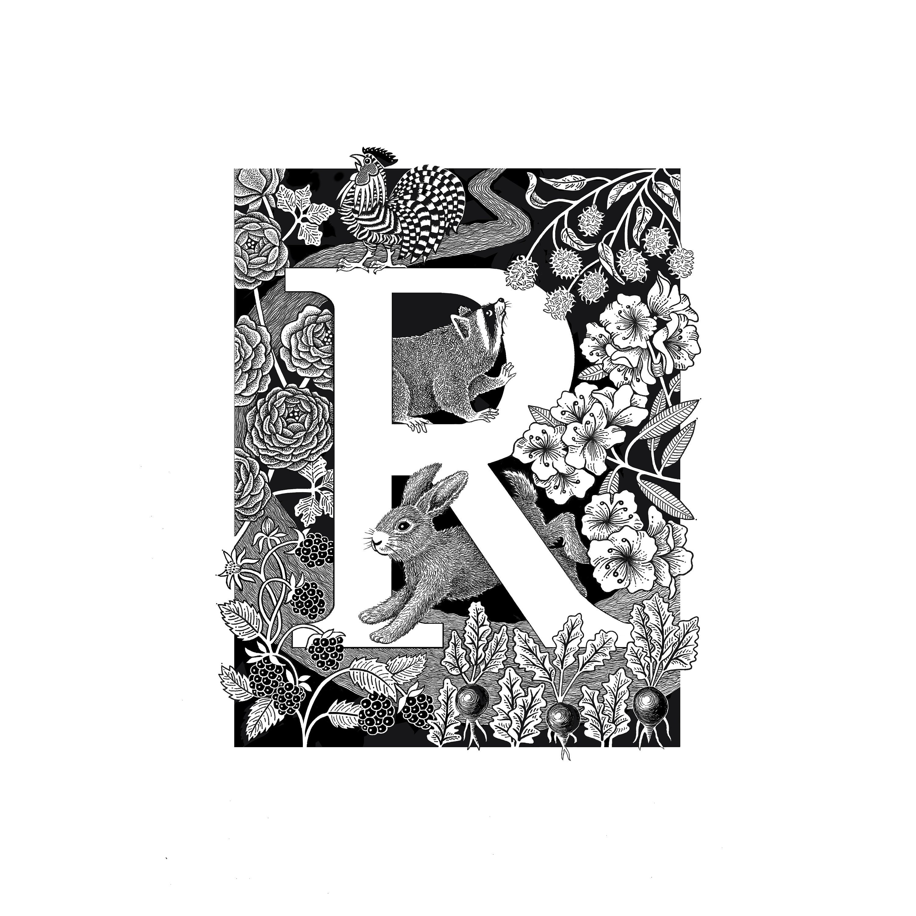 Letter R Art (initial, Monogram) is For...rooster, Raspberries ...