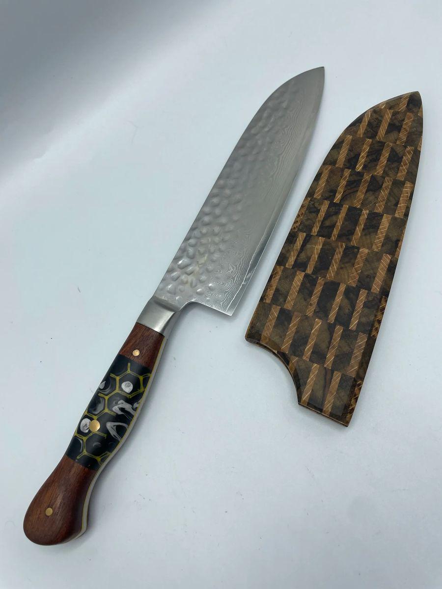 Zhen Santoku Chef Knife With Epoxy and Mohogany Handle, Black Limba and ...