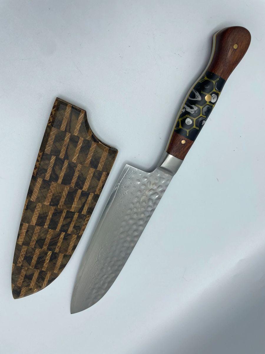 Zhen Santoku Chef Knife With Epoxy and Mohogany Handle, Black Limba and ...