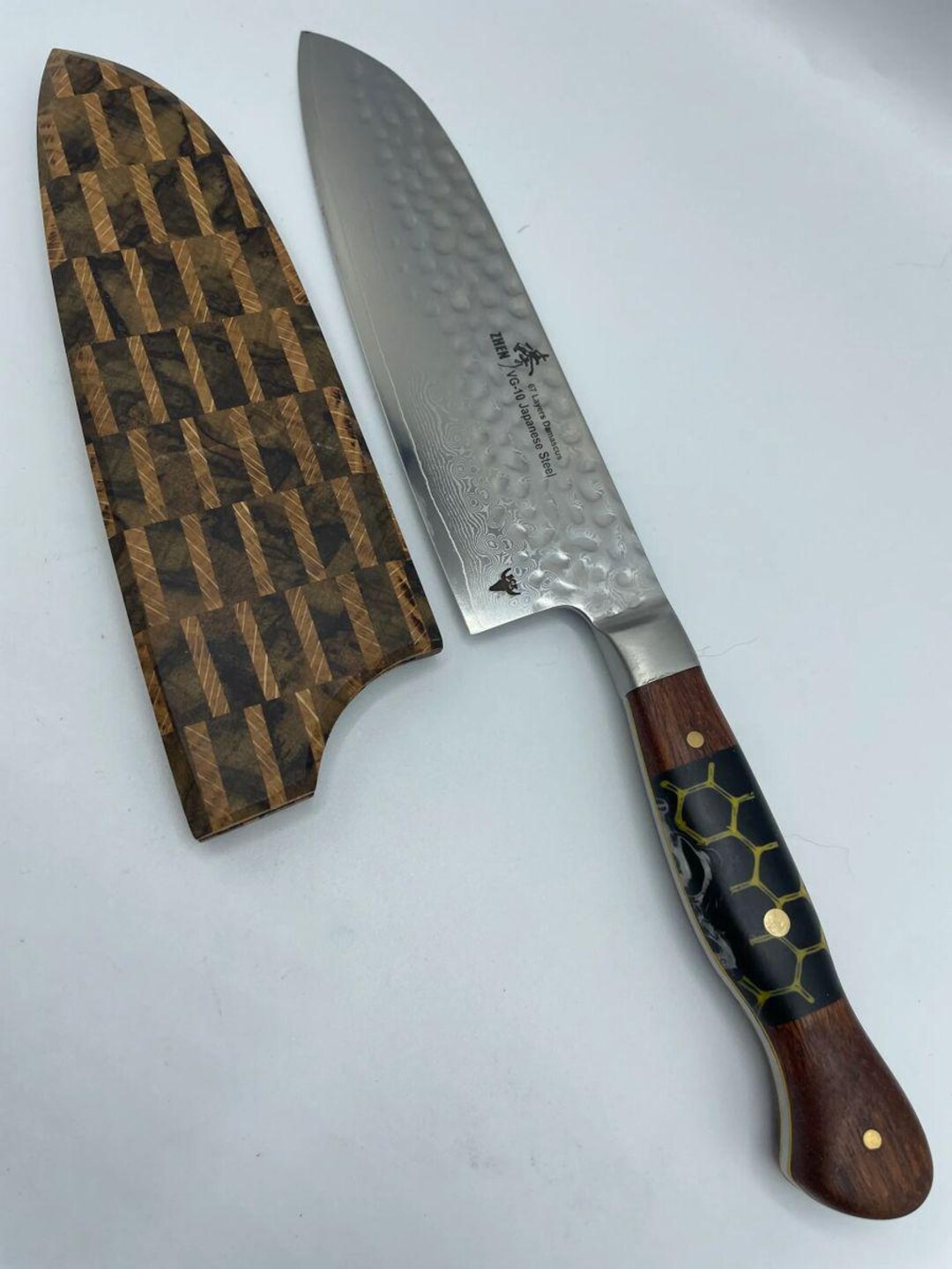 Zhen Santoku Chef Knife With Epoxy and Mohogany Handle, Black Limba and ...