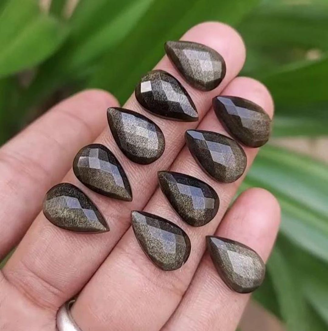 100% Natural Golden Sheen Obsidian Rose Cut Pear Shape Cabochons Size ...
