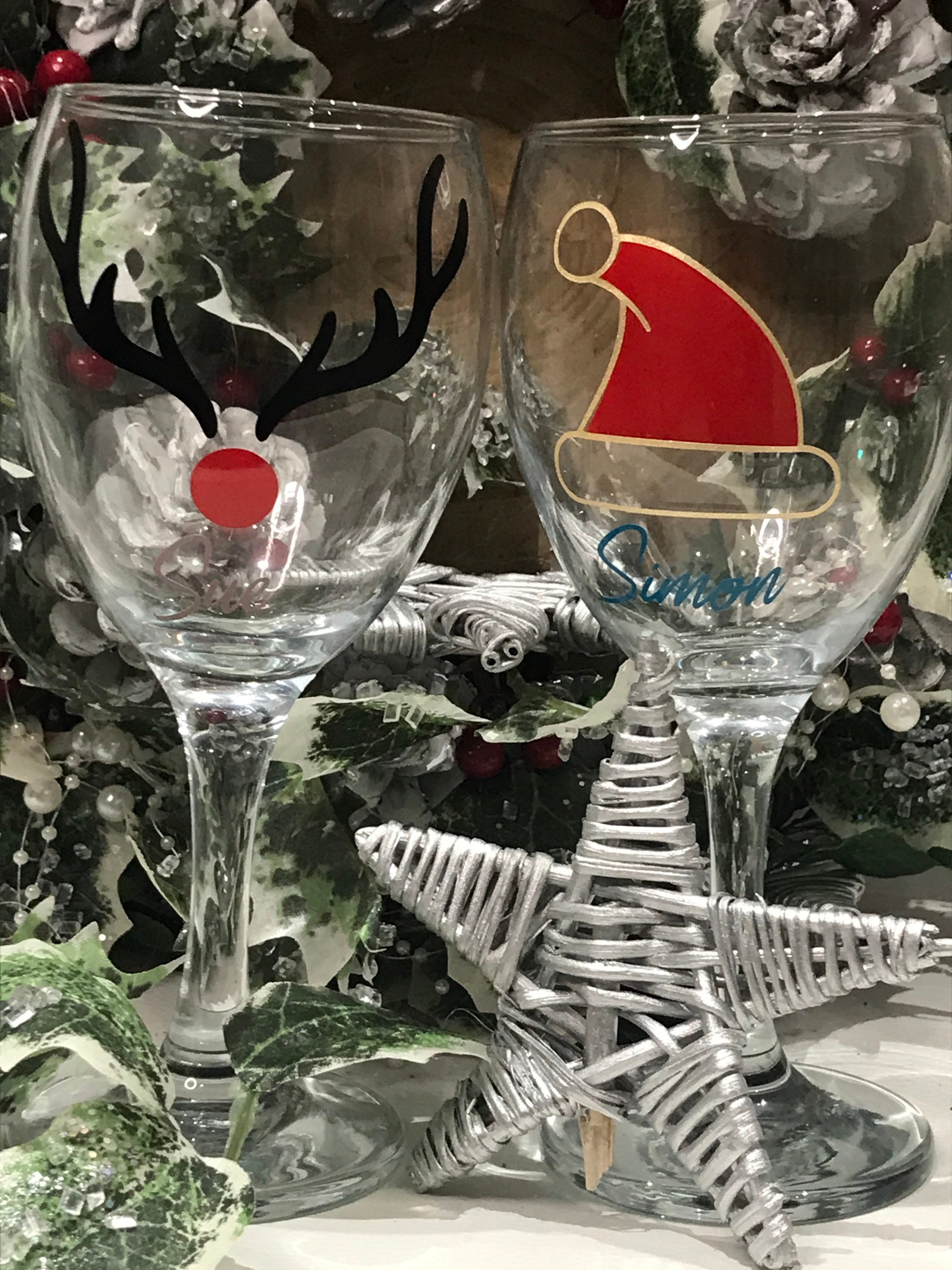 Personalized Christmas Wine Glass: Reindeer, Santa Hat, Custom Name - Etsy