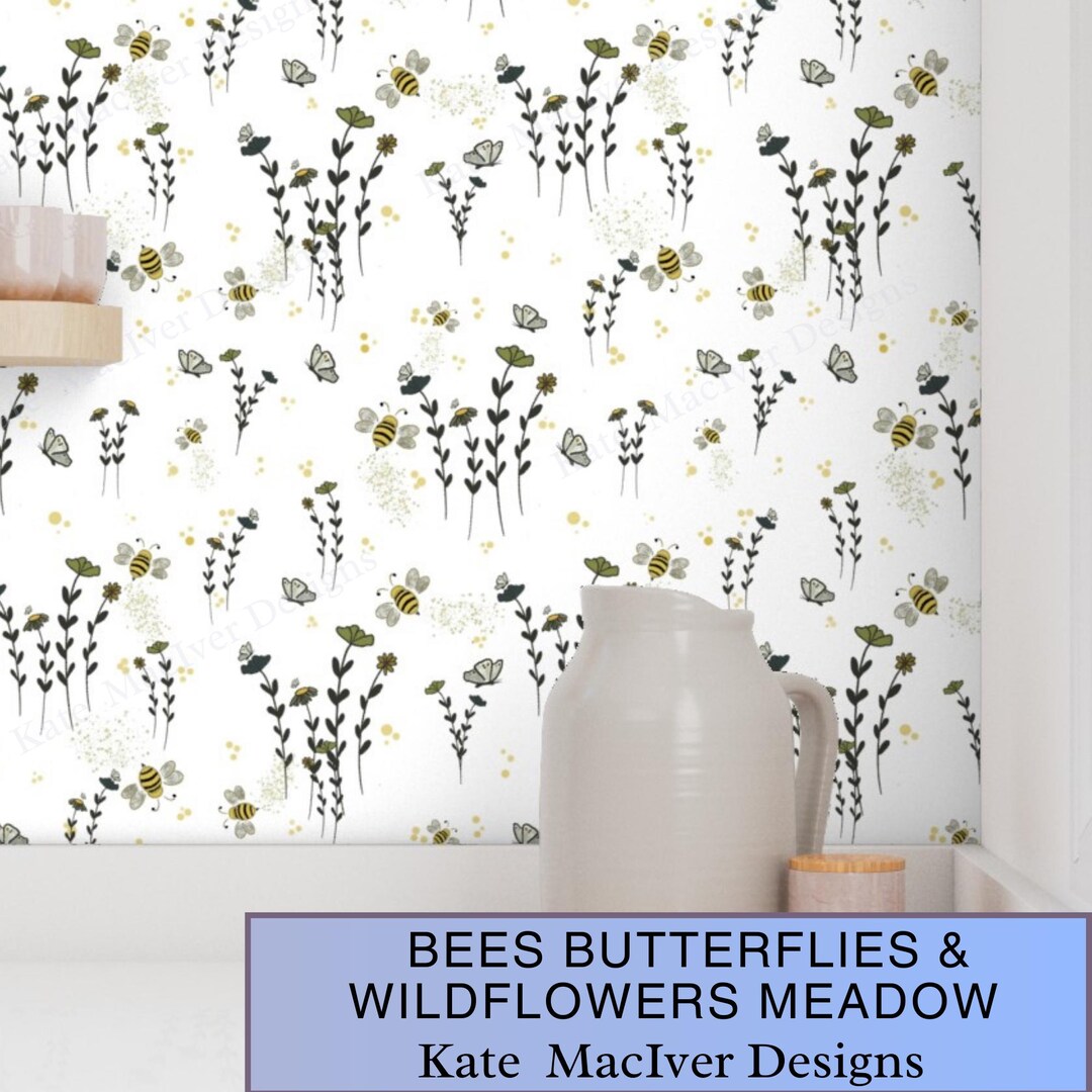 Home Wallpaper Bees Butterflies & Wildflowers Meadow in White Wallpaper ...