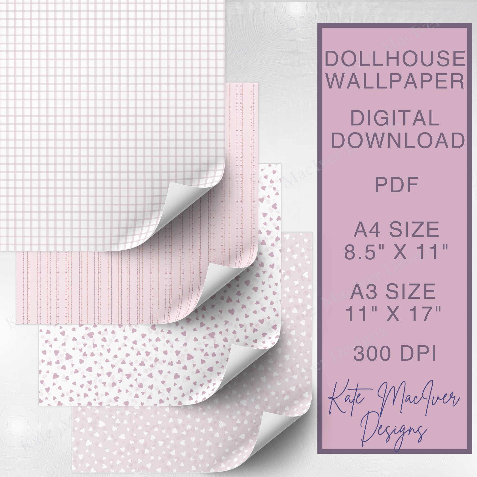 Dollhouse Wallpaper Pink Set Digital Download 1:12 Miniature Wallpaper ...
