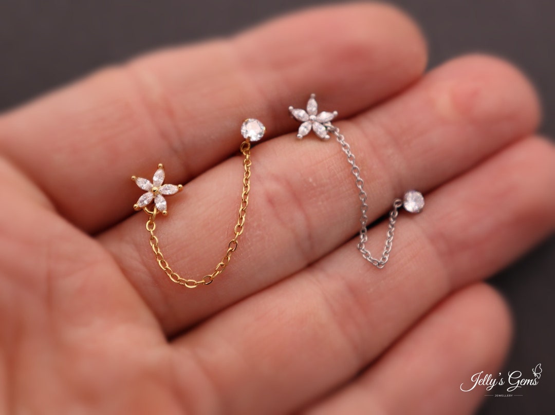 Double Earring With Chain, Dainty Chain Cz, Lovely Flower Earrings 18K ...