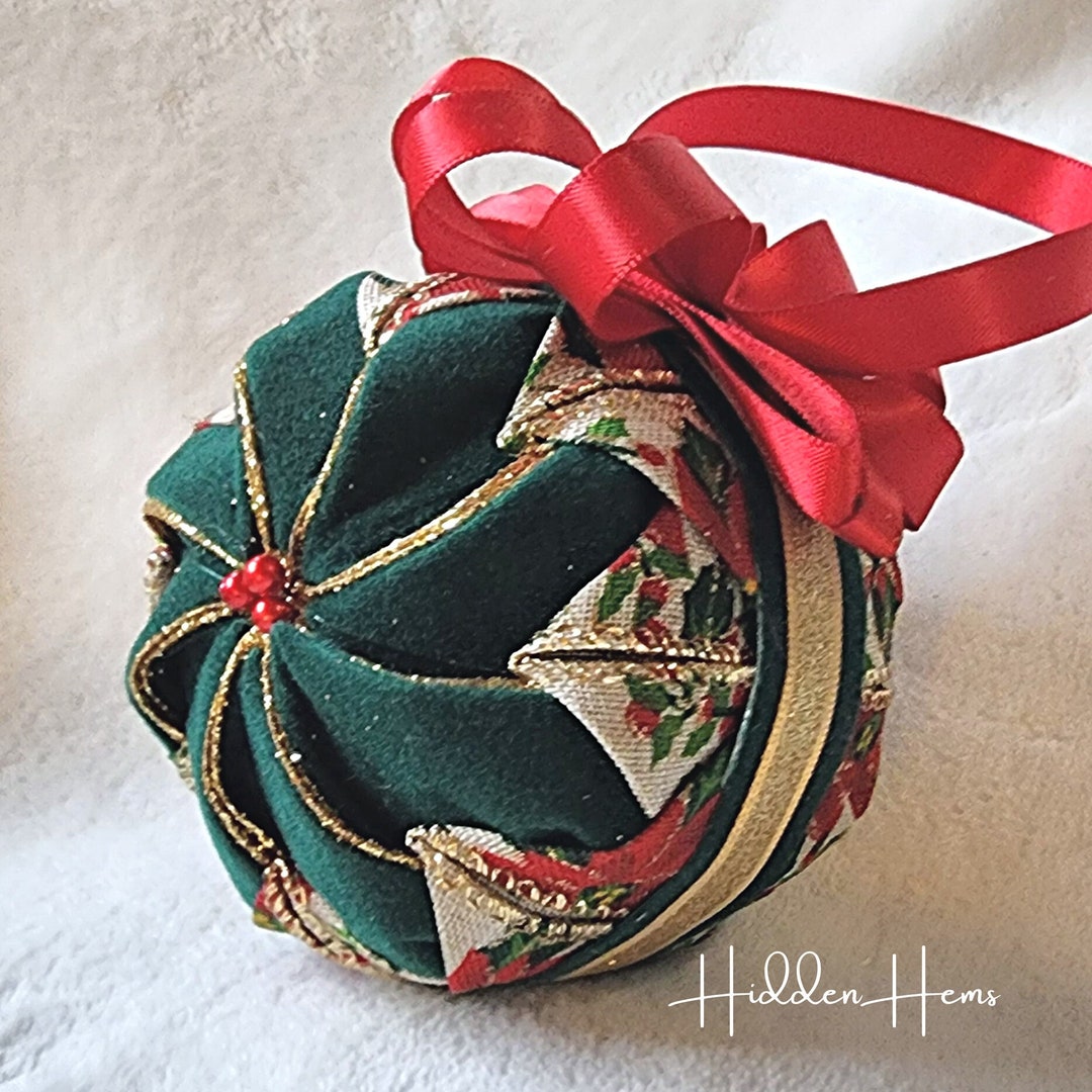 Poinsettia Ornament, Handmade Quilted Ornament Ball, Christmas Ornament ...