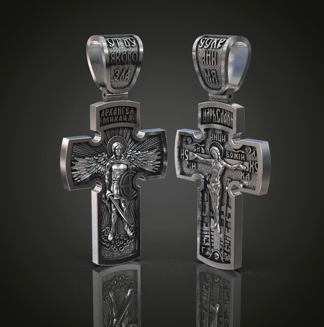 2 Sided Cross Jesus Christ and Archangel Michael 925 Silver Pendant ...