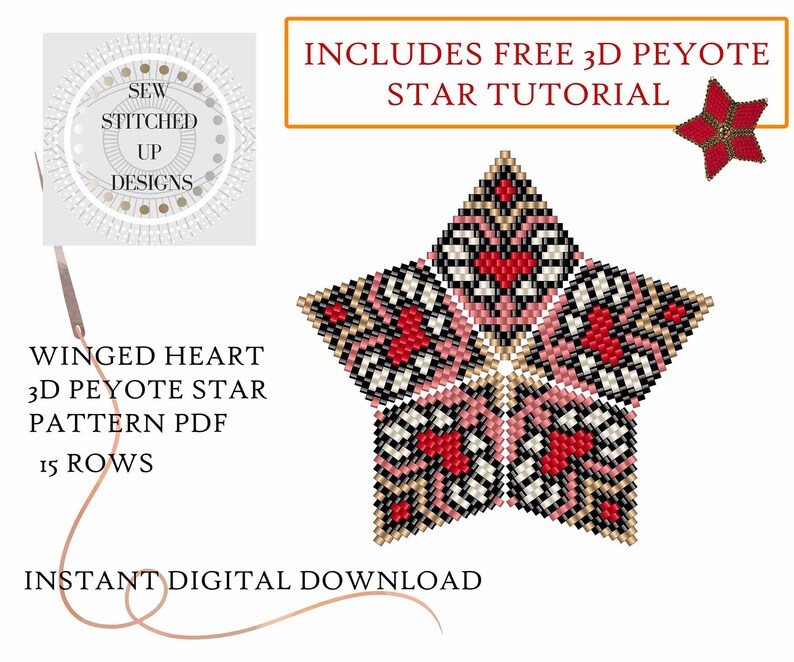 Winged Heart 3D Peyote Star Pattern PDF, Peyote Star Pattern Tutorial ...