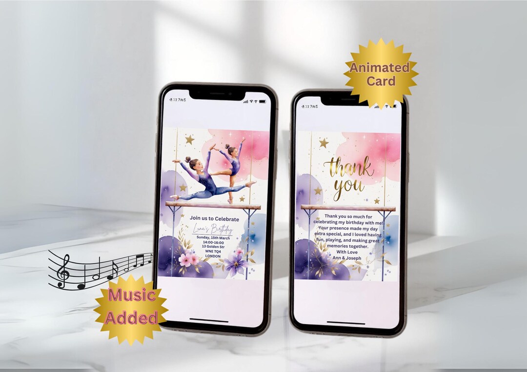 Gymnastics Birthday Digital Card Animated Musical Invitation Mobile ...