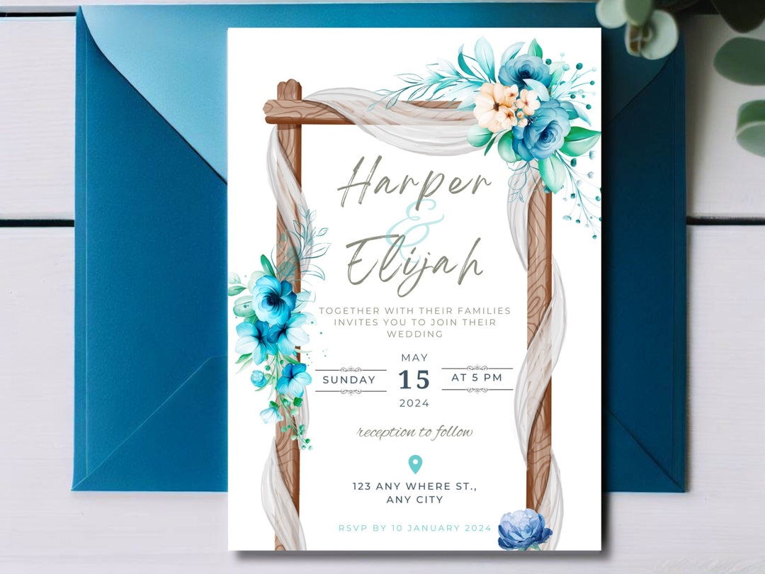 Plantilla de invitación de boda azul polvoriento invitación - Etsy México