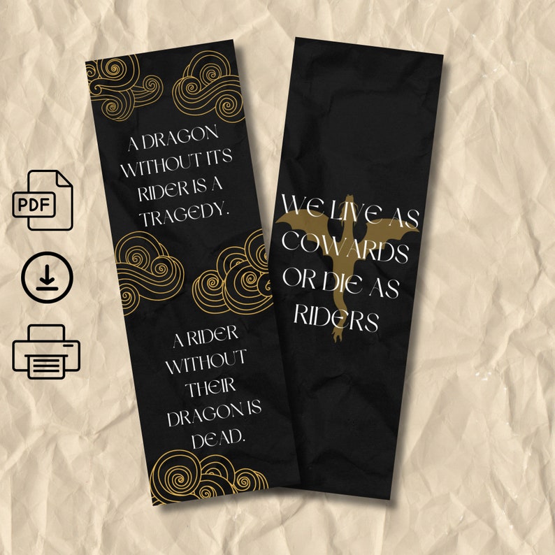 6 Fourth Wing Bookmarks: Black and Gold Dragon Designs (digital ...