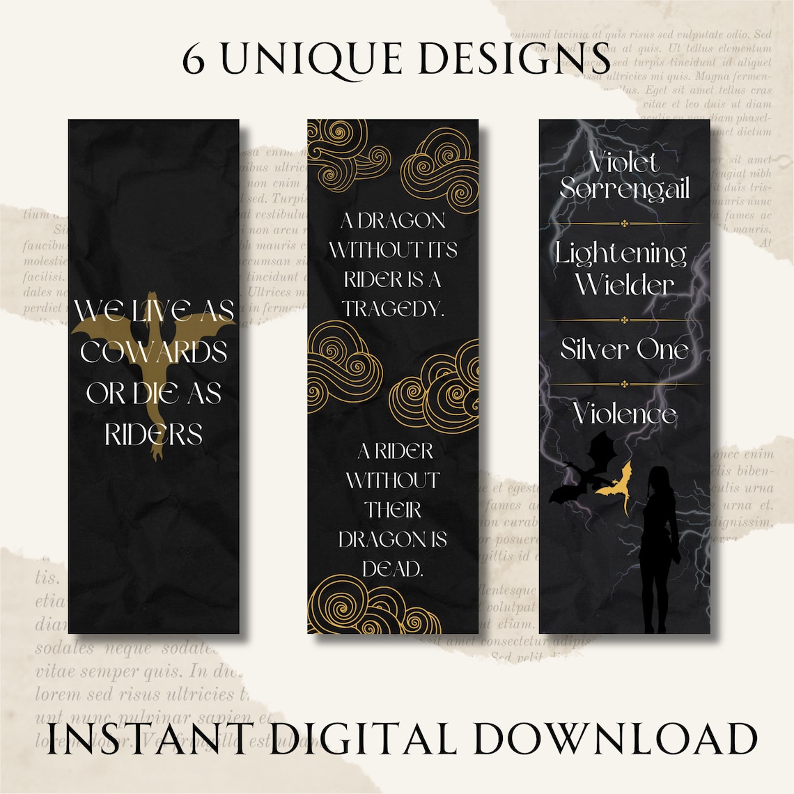 6 Fourth Wing Bookmarks: Black and Gold Dragon Designs (digital ...