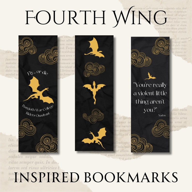 6 Fourth Wing Bookmarks: Black and Gold Dragon Designs (digital ...