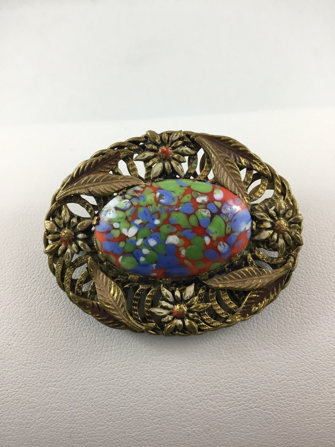 Neiger Brothers Art Deco Brooch Czech Spatter Glass Cabochon Flowers ...