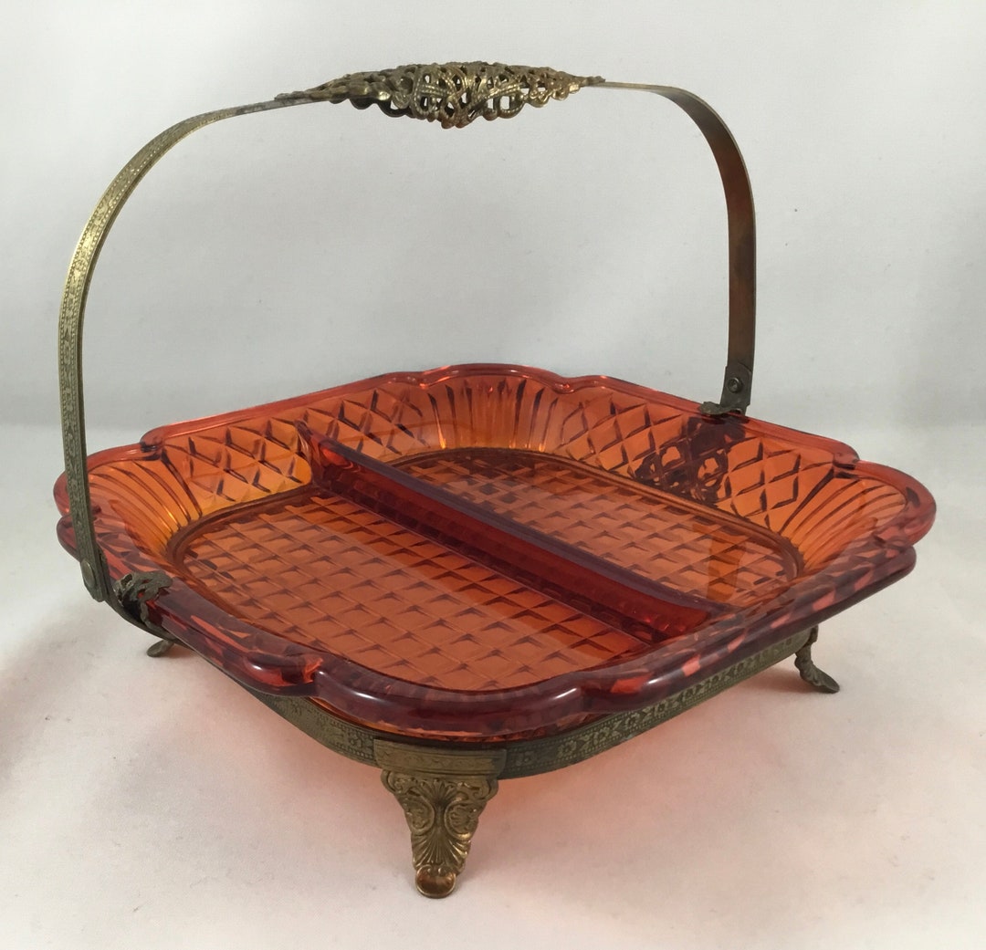 Small Divided Art Deco Pickle Candy Dish Tangerine Burnt Orange Glass ...