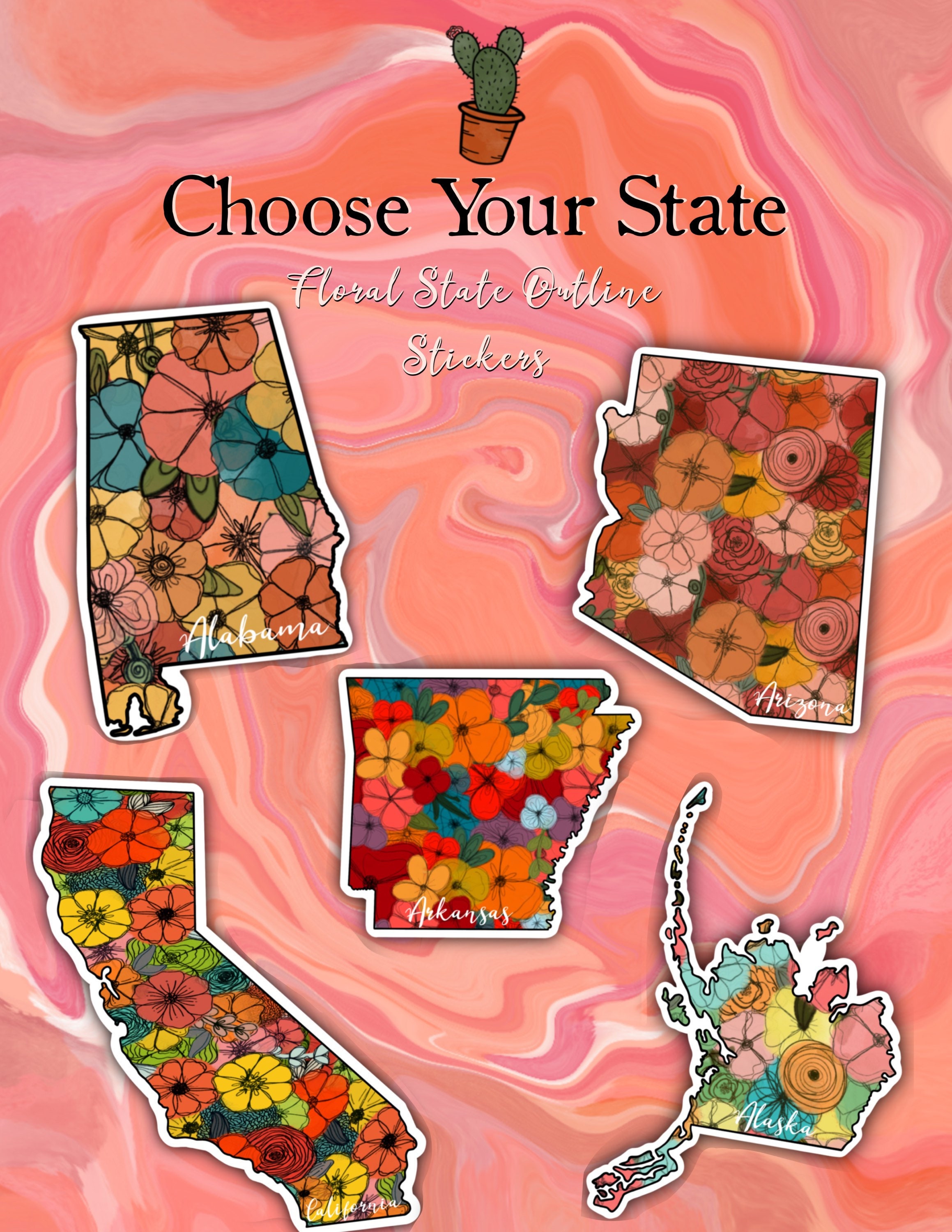 Choose Your State Sticker Floral State Outline Stickers | Etsy