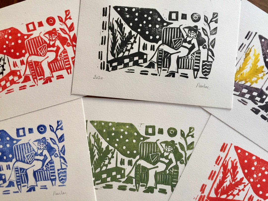 Linocut Printed on Grained Paper, Color of Your Choice, Small A5 Format ...