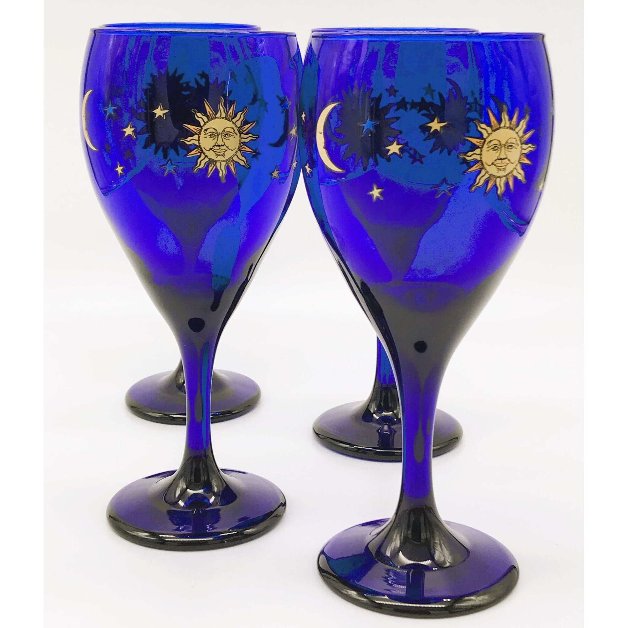 Libbey Cobalt Sun Moon Stars Wine Glasses Set 4 Celestial - Etsy