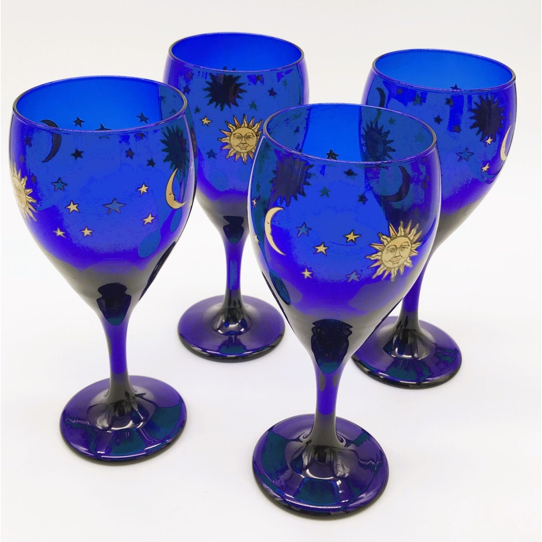 Libbey Cobalt Sun Moon Stars Wine Glasses Set 4 Celestial - Etsy