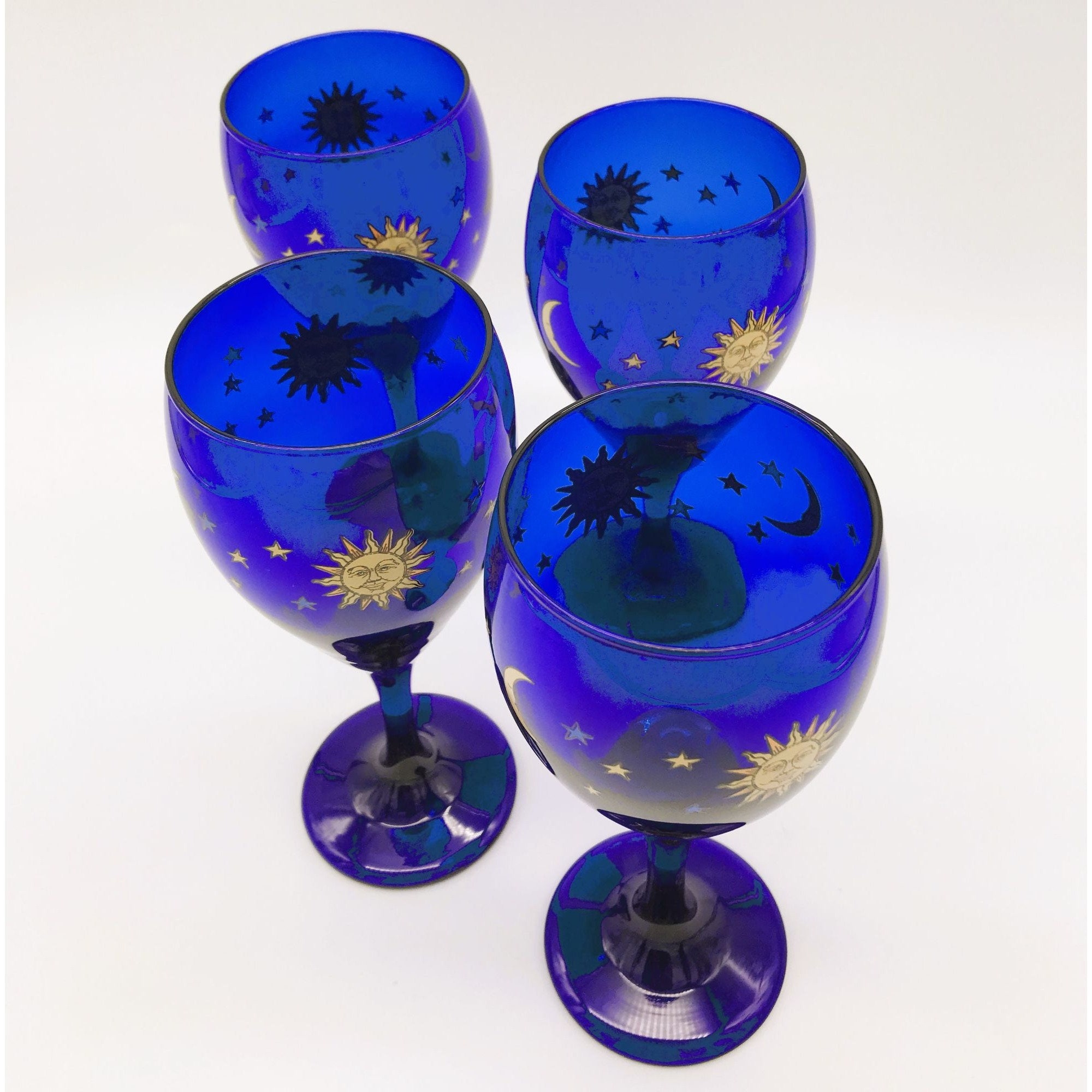 Libbey Cobalt Sun Moon Stars Wine Glasses Set 4 Celestial - Etsy