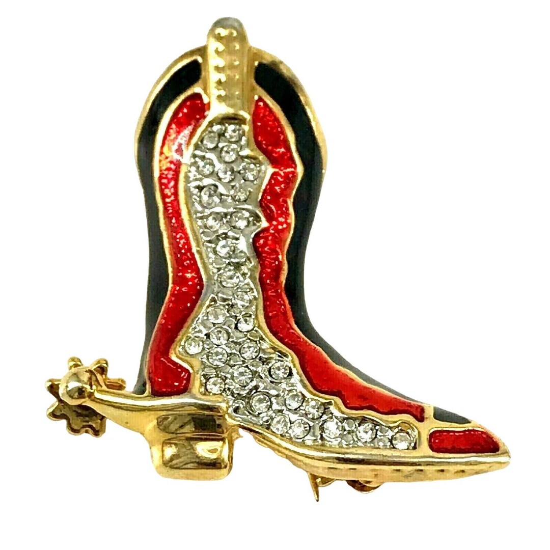 Rhinestone Cowboy Boot Brooch Rodeo Cowgirl Western Horse Ranch Gold ...